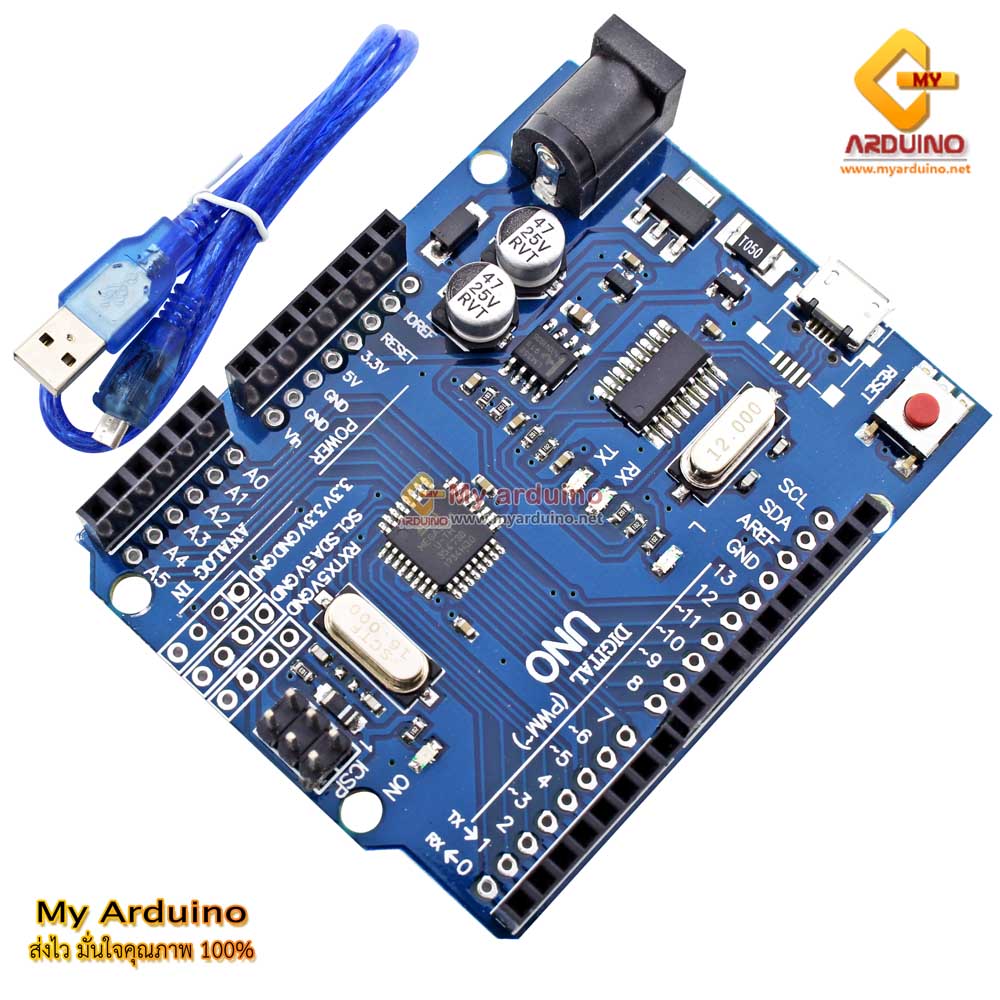 Arduino Uno R3 Atmega328p แบบ Smd Micro เพิ่มพอร์ทขยายขา พร้อมสาย Micro Usb 50cm ขาย Arduino