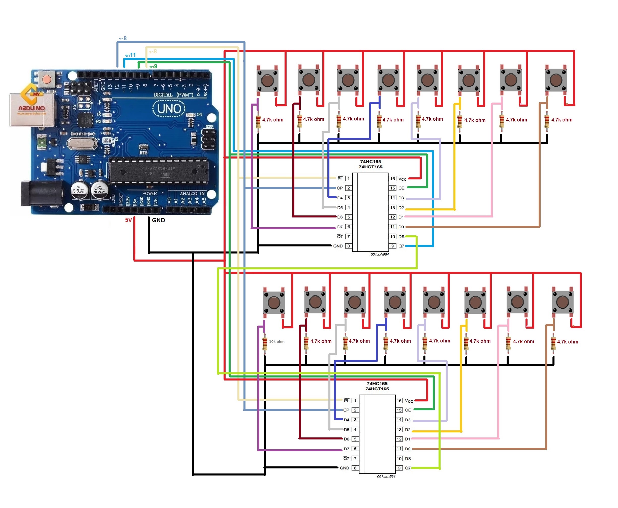 สอนใช้งาน Arduino Ic 74hc165 หลายตัว ขยายขา Digital Input ขาย Arduino