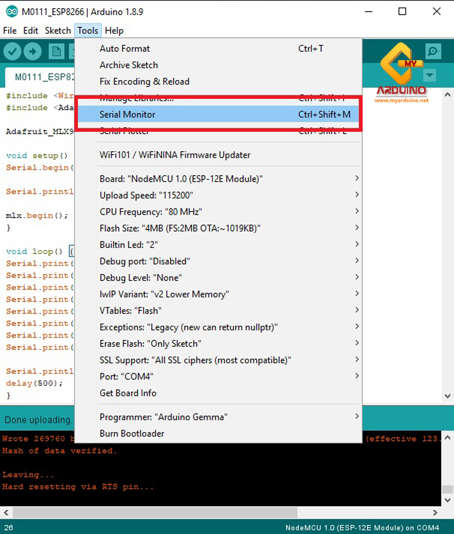 8. เมื่อเปิดหน้าจอ Serial Monitor ขึ้นมาแล้วจะเห็นได้ว่า จะมีค่าอุณหภูมิปรากฏขึ้นมาโดย Ambient ...