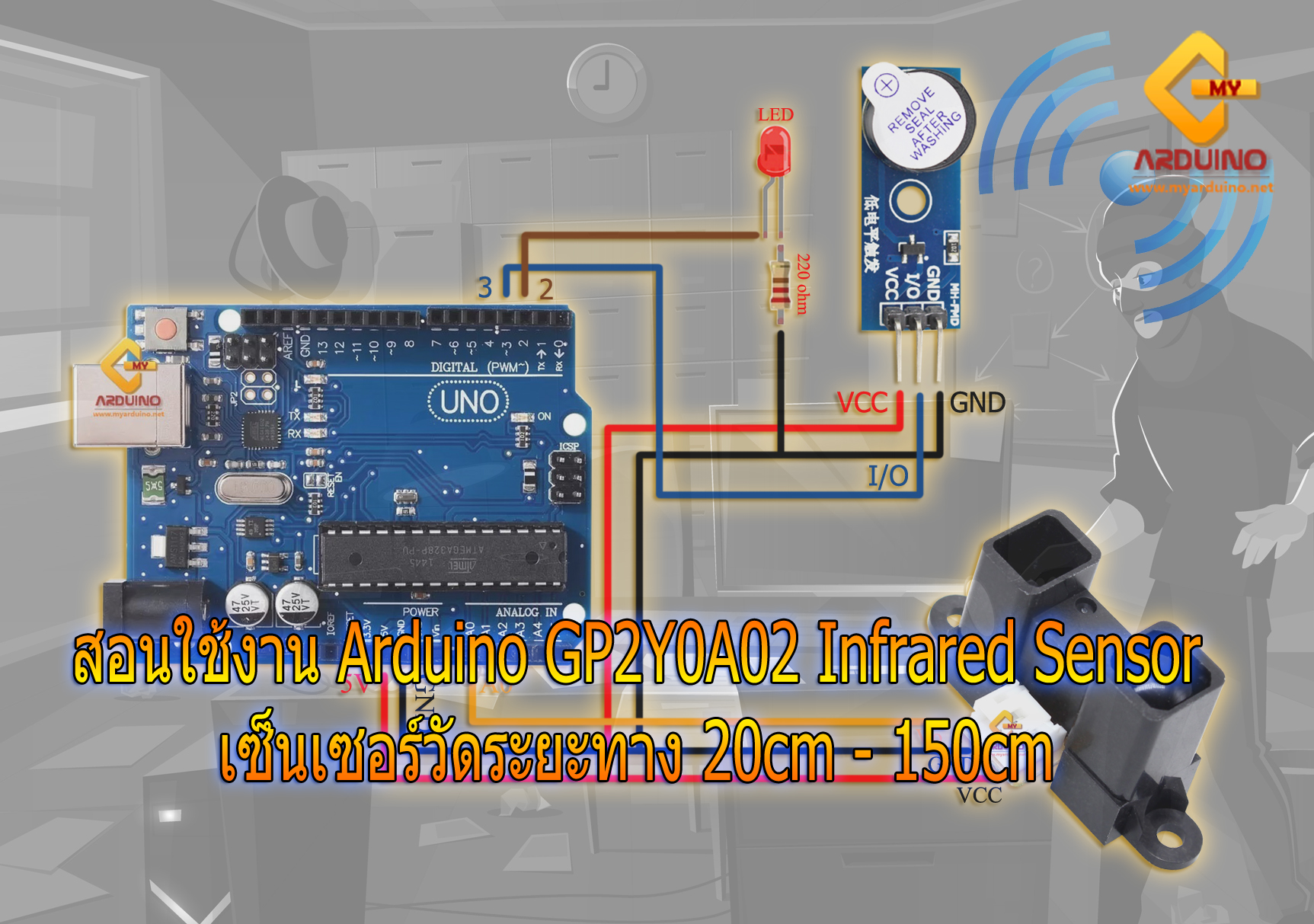 สอนใช้งาน Arduino GP2Y0A02 Infrared Sensor เซ็นเซอร์วัดระยะทาง 20cm - 150cm - ขาย Arduino ...