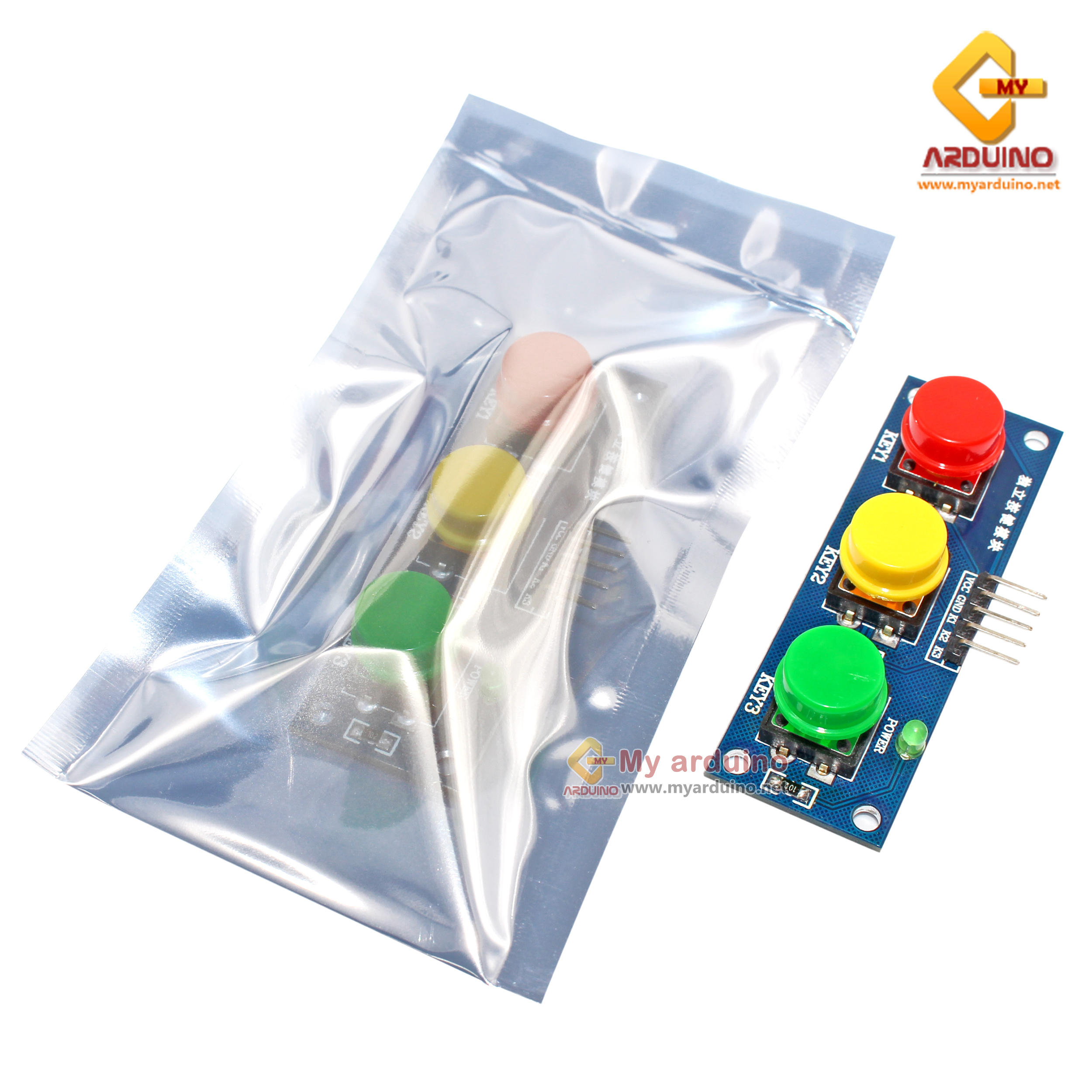 โมดูลสวิทซ์กดติดปล่อยดับ 3 ปุ่ม 3 สี สำหรับ Arduino ขาย Arduino