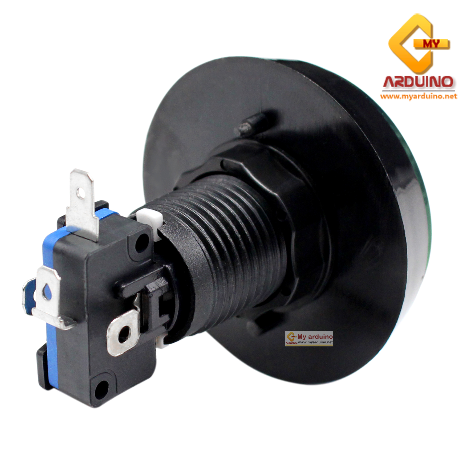 สวิทช์ปุ่มกดเกม กดติดปล่อยดับ หัวแบน มีไฟ สีเขียว ขนาด 60mm ขาย Arduino อุปกรณ์ Arduino คุณภาพ