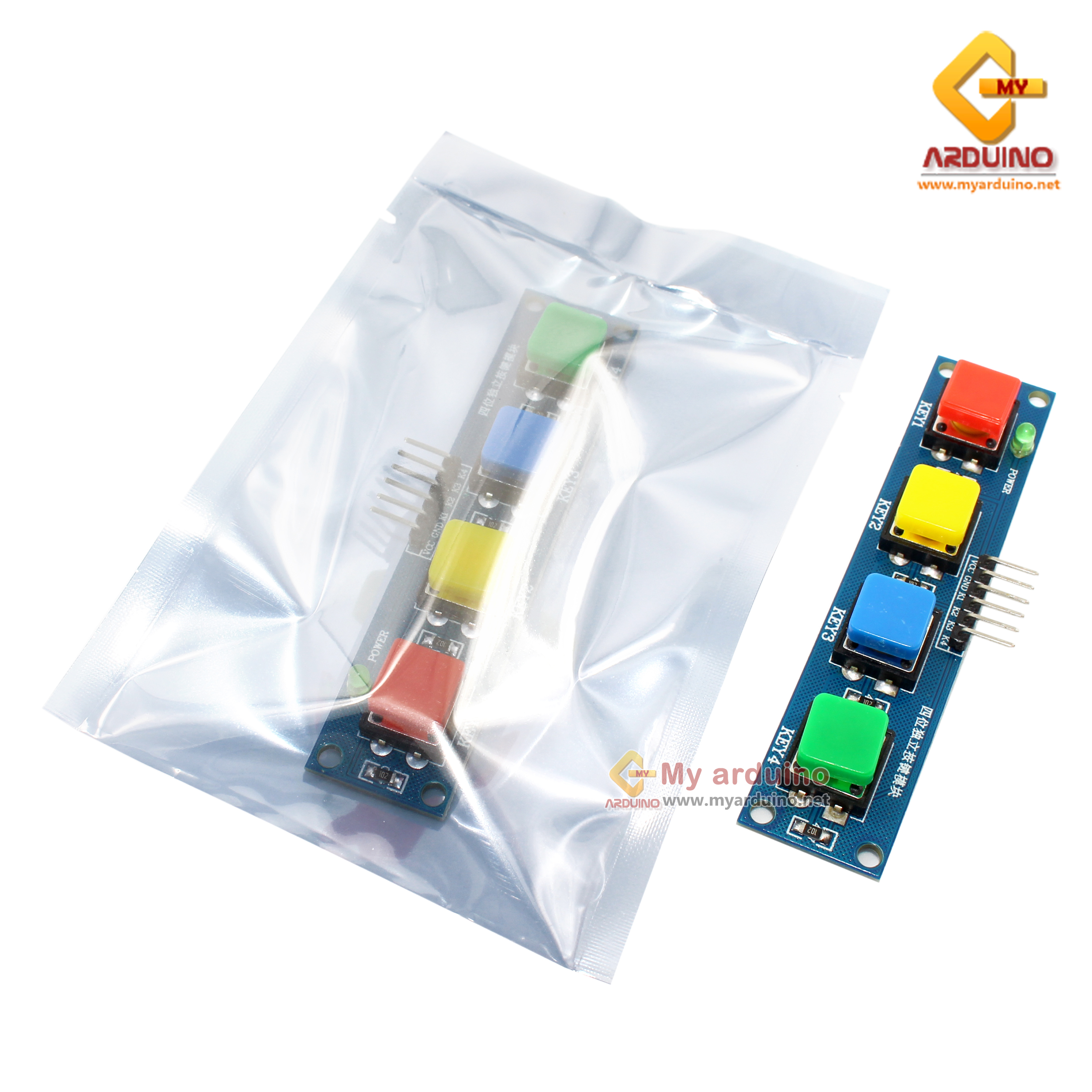 โมดูลสวิทซ์กดติดปล่อยดับ 4 ปุ่ม 4 สี สี่เหลี่ยม สำหรับ Arduino ขาย Arduino อุปกรณ์ Arduino