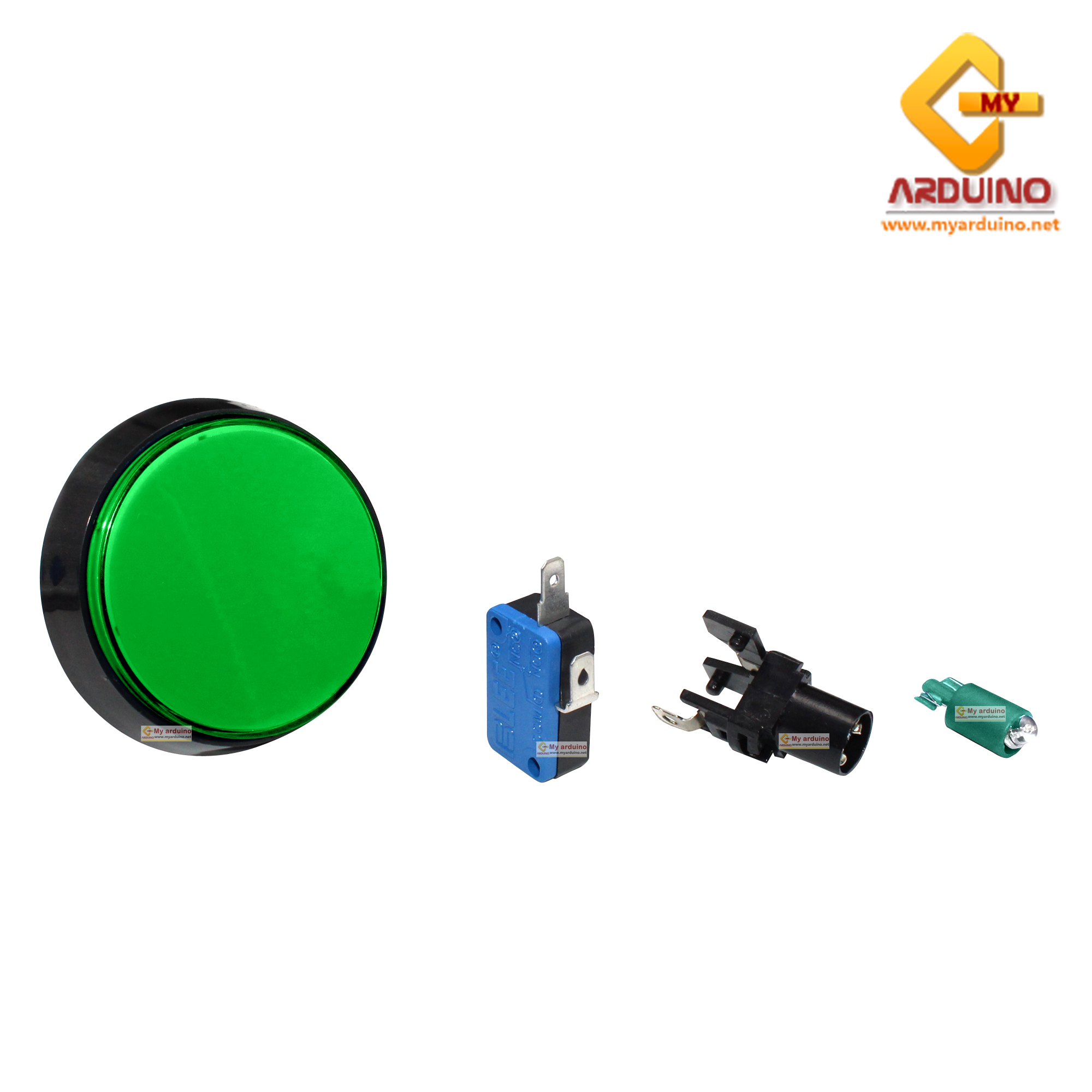 สวิทช์ปุ่มกดเกม กดติดปล่อยดับ หัวแบน มีไฟ สีเขียว ขนาด 60mm ขาย Arduino อุปกรณ์ Arduino คุณภาพ